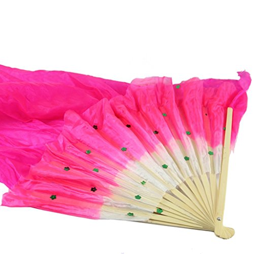KKirafairy New Colorful Belly Dance Bamboo Long Silk Fans Veils 4 Colors Hand Made Silk Fan