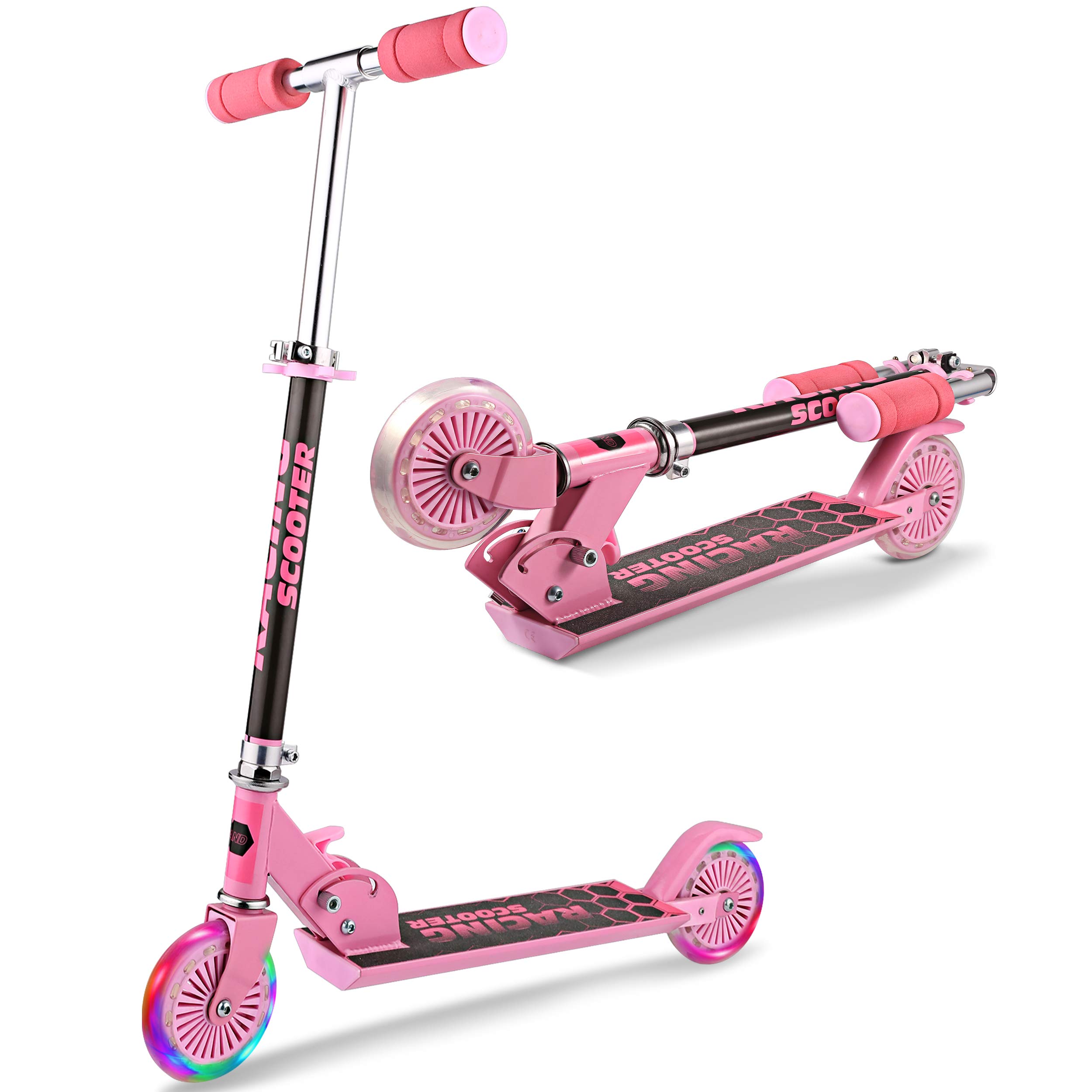 Kids Scooter 2 Wheels by WeSkate Foldable Kick Scooters for Girls Boys Aged 3+, Smooth-Gliding, Adjustable Handles Scooters with LED Light Up PU Wheels, Lightweight Construction