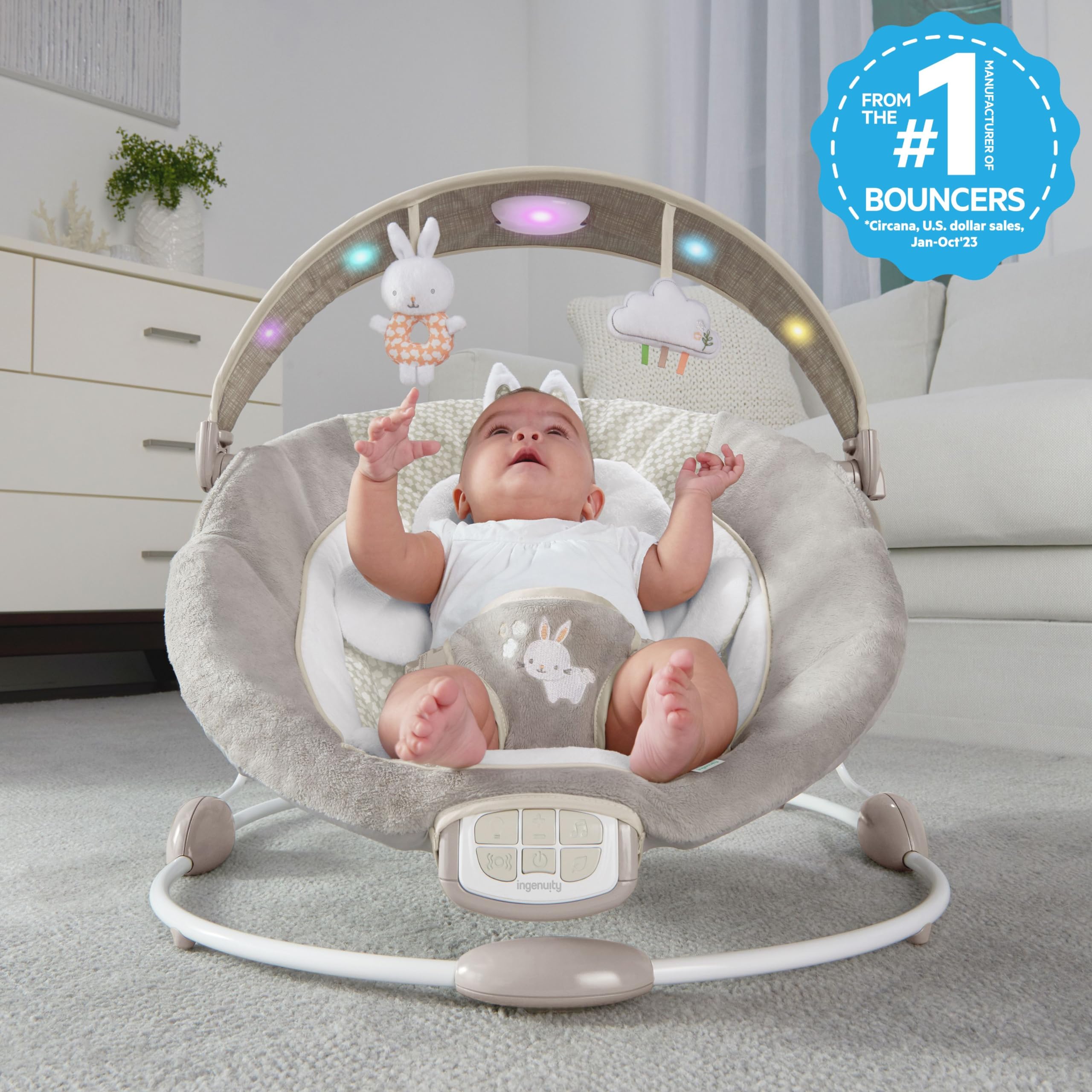 Ingenuity InLighten Baby Bouncer Infant Seat with Light Up -Toy Bar, Vibrations, Tummy Time Pillow & Sounds, 0-6 Months Up to 20 lbs (Twinkle Tails Bunny)