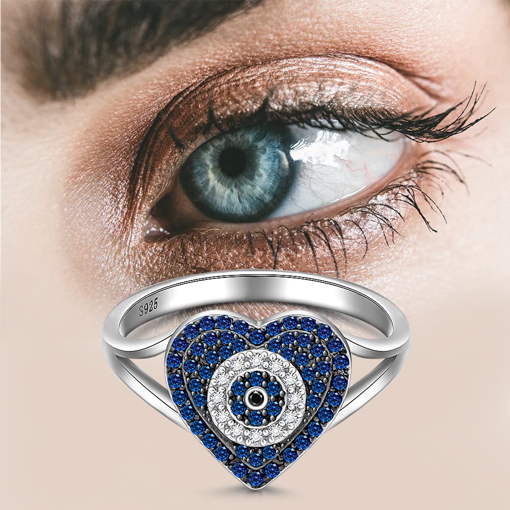 LOVGIFSET Evil Eye Ring Sterling Silver Turkish Evil Eye Rings for Women Blue Eyes Sapphire Protection Mal De Ojo Nazar Jewelry Size 7