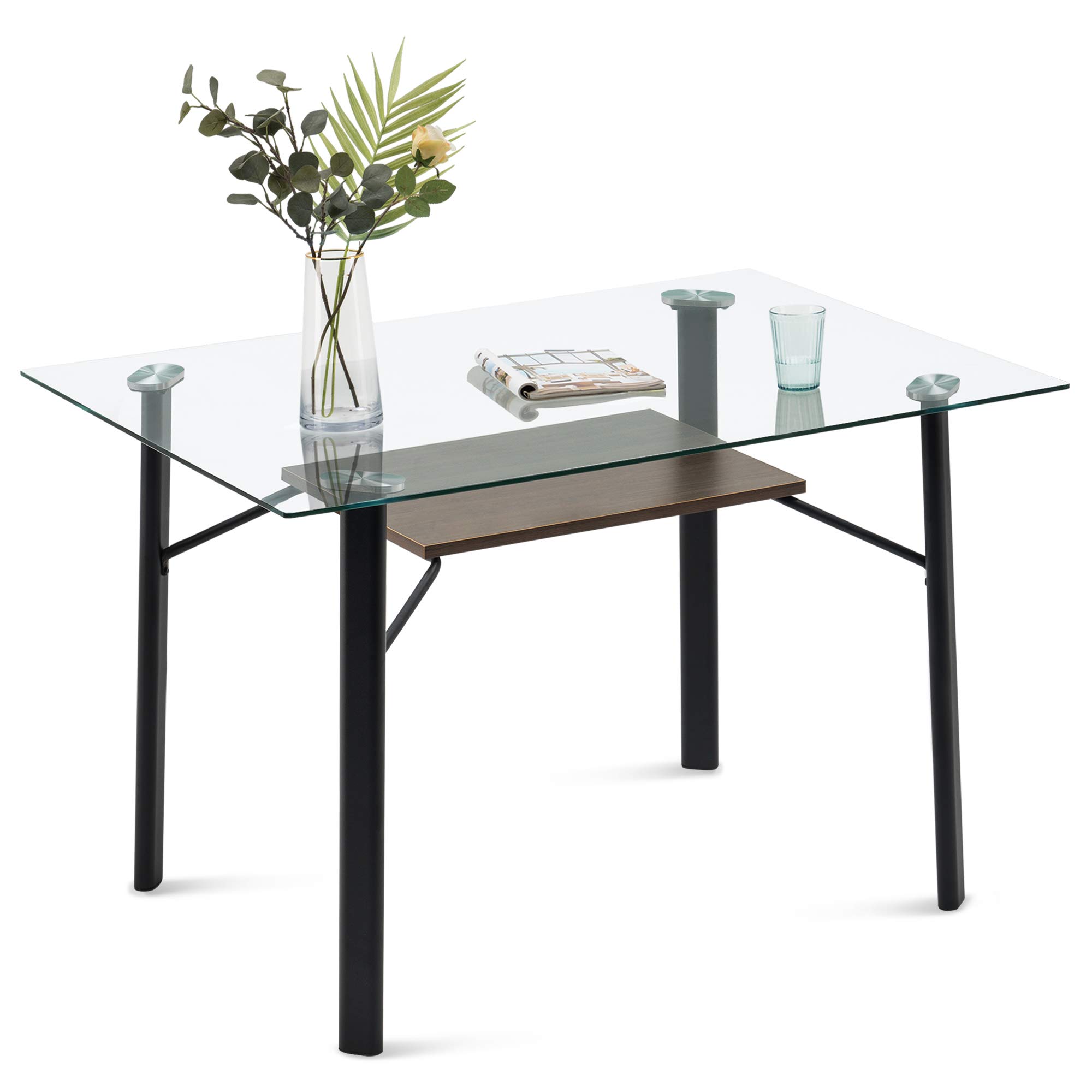 Ivinta Modern Glass Dining Table Kitchen Table for 4/6 Rectangular Dinner Table 2-Tier Mid-Century Leisure Desk with Storage Shelf for Home Office Living Room Kitchen 31 x 47 inch
