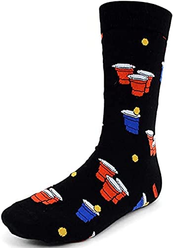Men’s Crew Cut Socks, Games & Gambling Themes, Fun and Unique Graphic Socks, One Size Fits Most (Beer Pong Black)