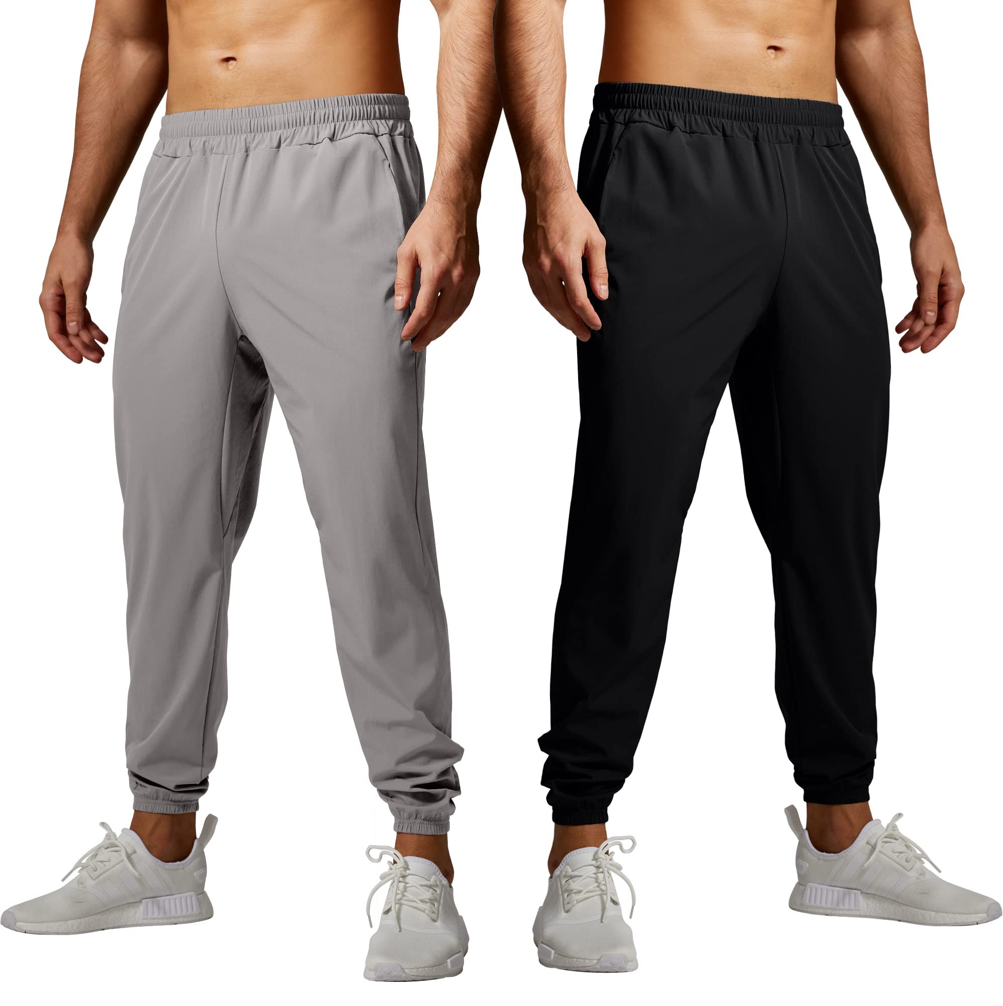 Men's 2 Pack Workout Gym Quick Dry Joggers Athletic Running Jogger Pants Tapered Training Sweatpants with Zipper Pocket Black Grey M