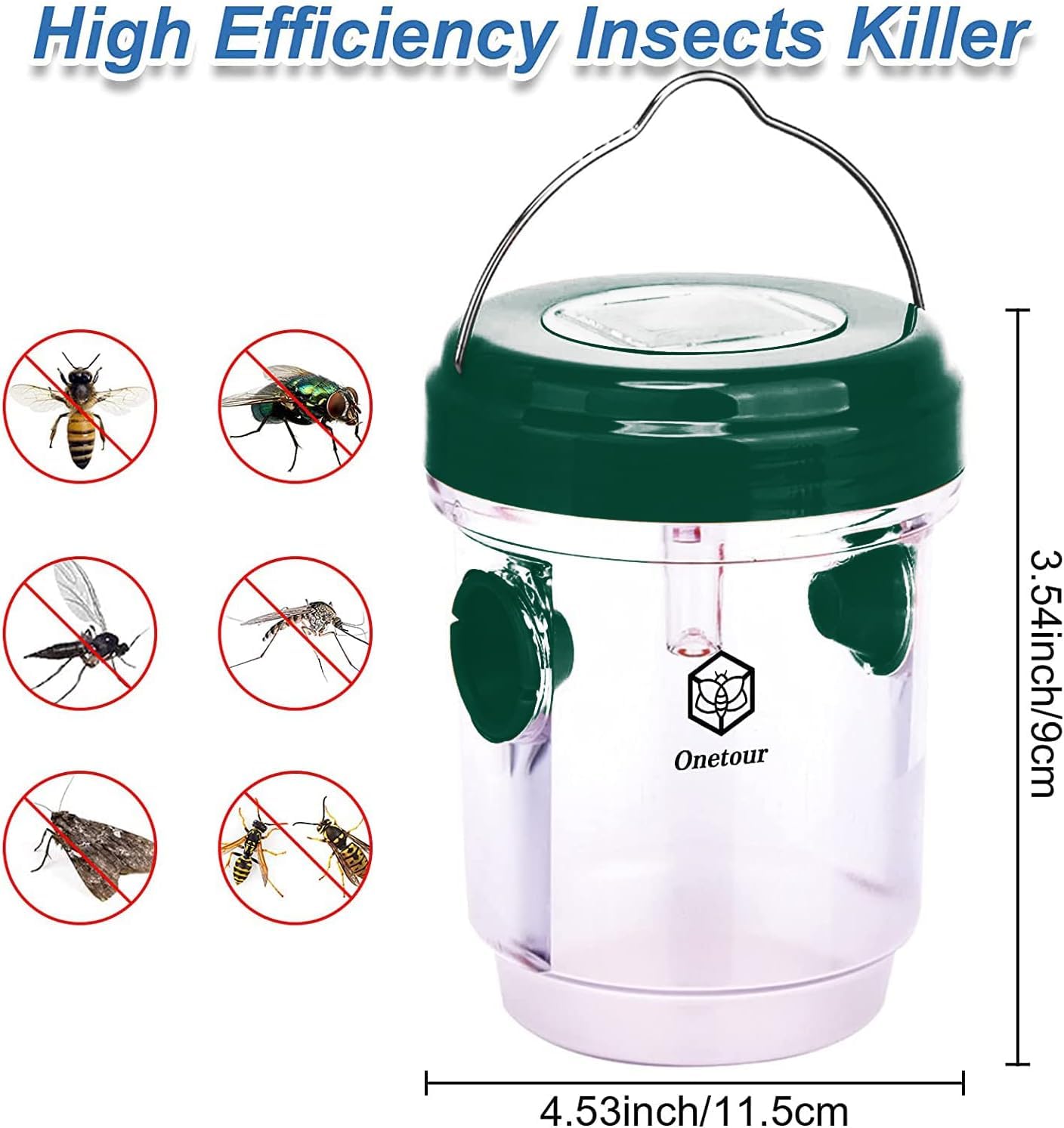outtkitywi 2 Pack Solar Wasp Traps, Solar Powered Wasp Killer Hanging with UV LED Light, Reusable Bee Trap Catcher Outdoor for Hornets, Yellow Jackets