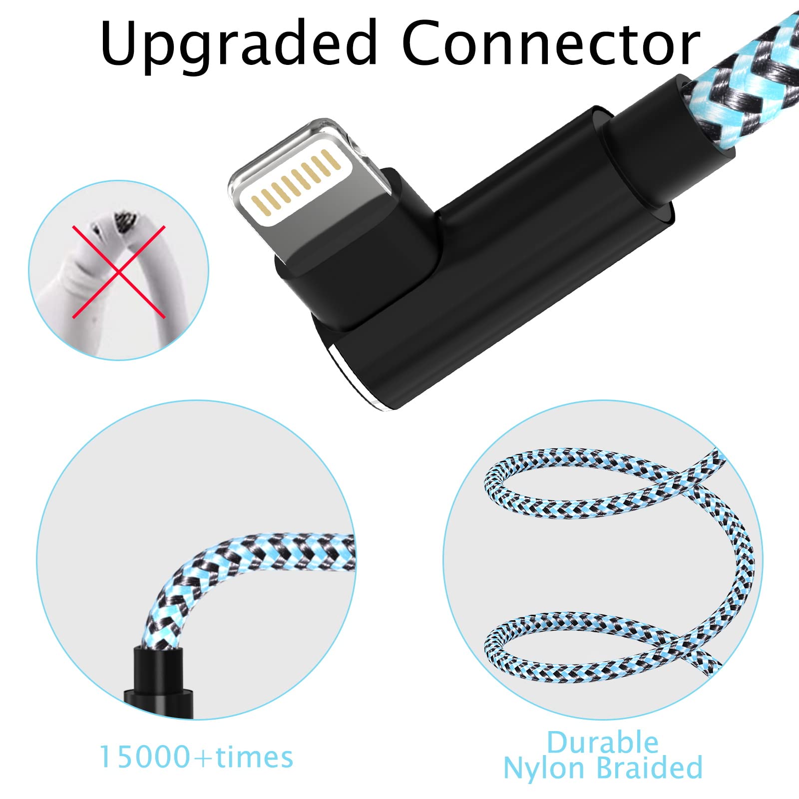 iPhone Charger [Apple MFi Certified] 90 Degree 10ft 3 Pack Lightning Cable Braided Right Angle Charging Cord Compatible with iPhone 13 12 11 Pro,12 Mini XS Max 8 7 Plus 6 iPad (Blue,10 Foot)