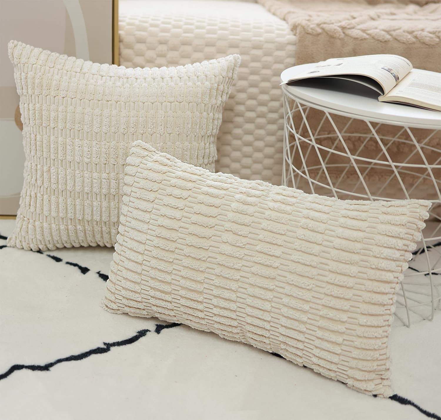 Henzxi Pack of 2 Corduroy Decorative Throw Pillow Covers 18x18 Inch Soft Striped Square Boho Pillow Covers Modern Farmhouse Home Decor for Sofa Living Room Couch Bed Cream White