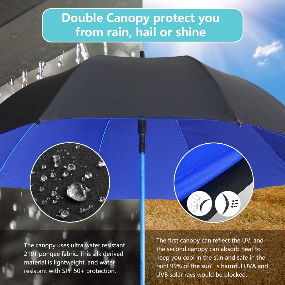 Leanking Golf Umbrella 55 Inch Automatic Open Extra Large Oversize UV Protection Double Canopy Vented Sun Rain Windproof Waterproof Stick Umbrellas for Women Men Family (Black Blue)