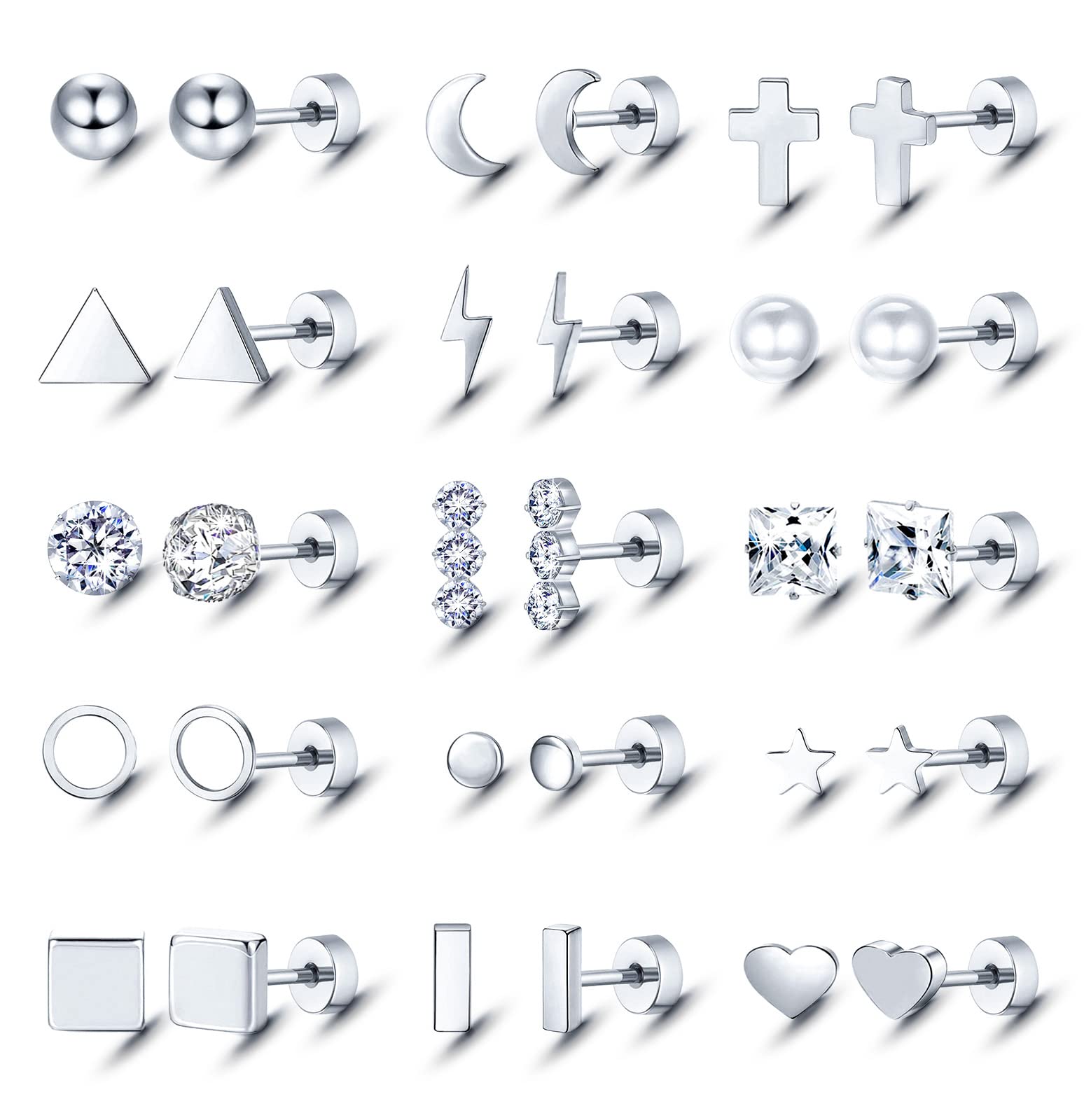 Jamboo Stainless Steel Flatback Stud Earrings, 15 Pairs Hypoallergenic Silver Earrings for Women