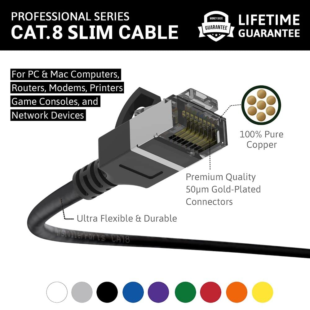 InstallerParts Ethernet Cable CAT8 Cable 1 FT - Yellow - FTP Professional Series - Super Slim 40Gigabits/Sec Network/High Speed Internet Cable for Router, Server, Gaming/2000 MHz, 30AWG