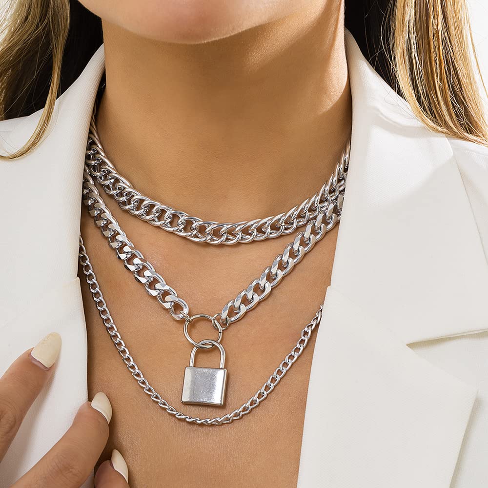 Jumwrit Chunky Chain Necklace Punk Layered Choker Necklaces Cuban Link Chain Necklace with Lock Pendant Necklace Statement Necklace for Women(Silver)