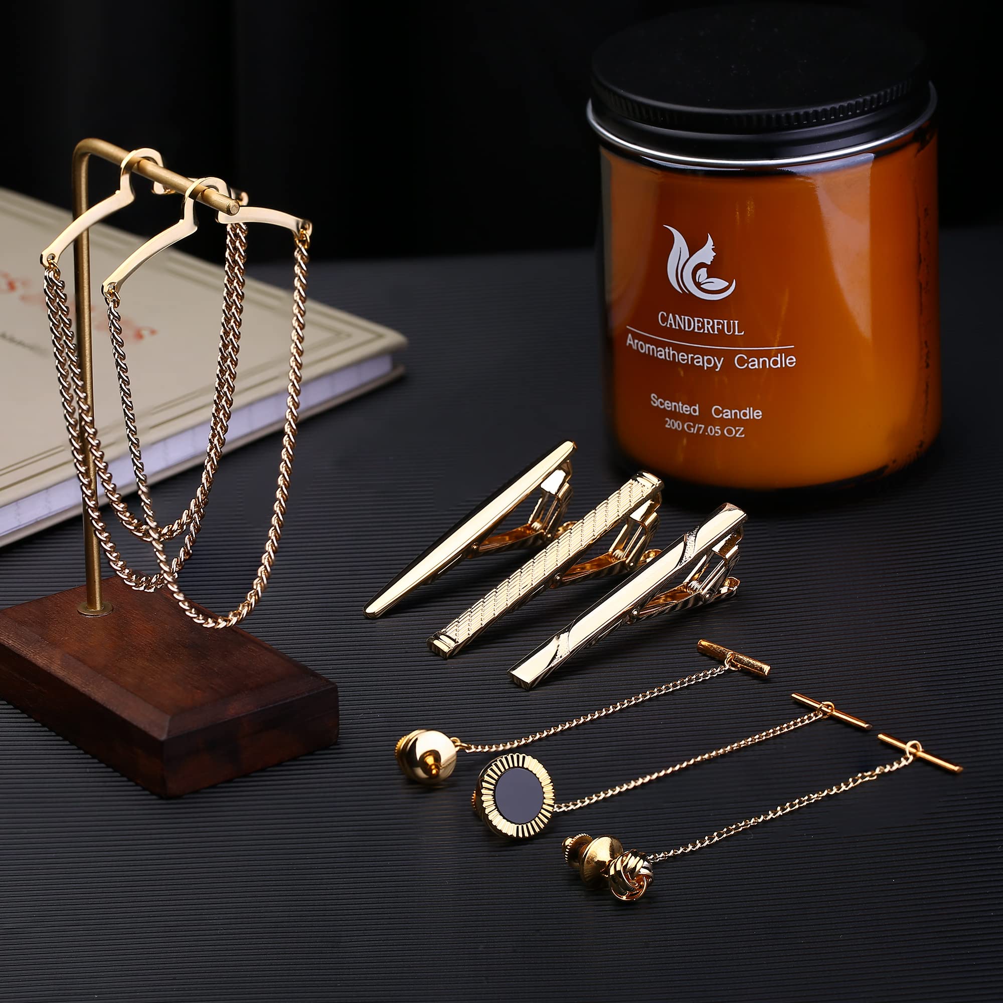 LOLIAS Tie Clips for Men Gold Tie Pin Tie Tack for Regular Ties 8Pcs Multiple Styles Classic Tie Clasps Necktie Wedding Meeting Business Clips with Gift Box