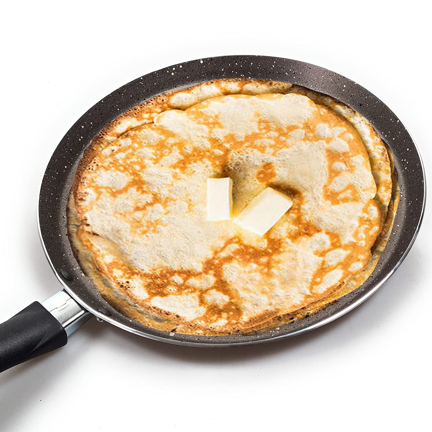 moonwood Crepe Pan, Free Nonstick Coating - Made in Europe MarbleTech Great for Crepes, Omelets, Eggs, Pancake - Dishwasher Safe 10.23 Flat - With Wooden Crepe Spreader and Spatula Set