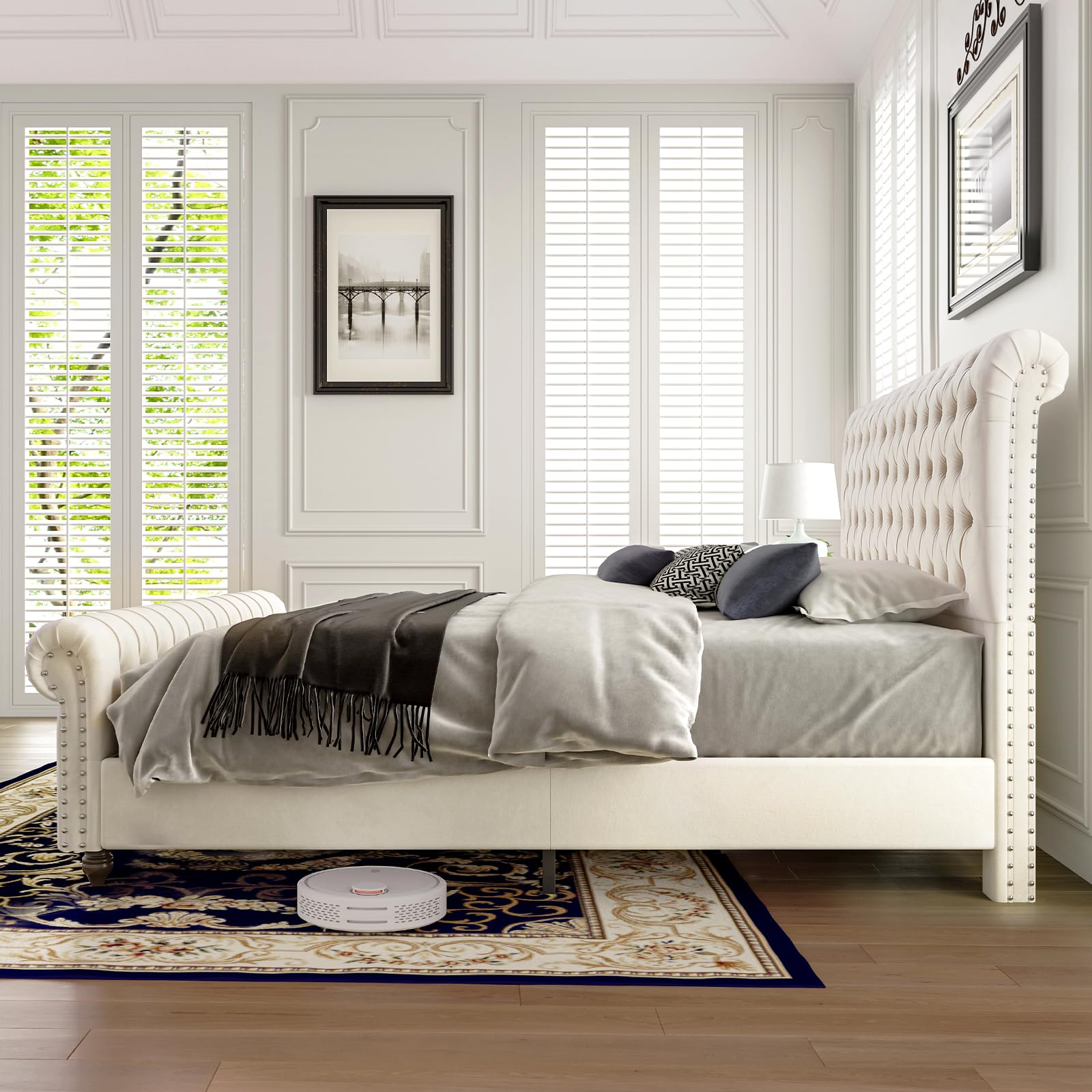 Jocisland King Platform Bed Frame Upholstered Sleig Bed with Scroll Wingback Headboard & Footboard/Deep Button Tufted/No Box Spring Required/Cream