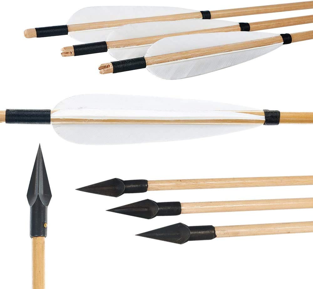 Huntingdoor 6pcs White Turkey Feather Wooden Shaft Hunting Shooting Arrows 31inch with A-803 arrowhead 150grain (White)