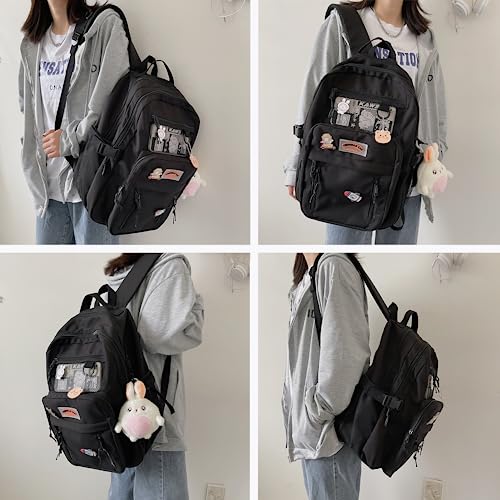 YJMKOI Kawaii Backpack for Girls with Pins Primary School Backpack Sweet and Cute Girl School Bag Kids BookBag, Black