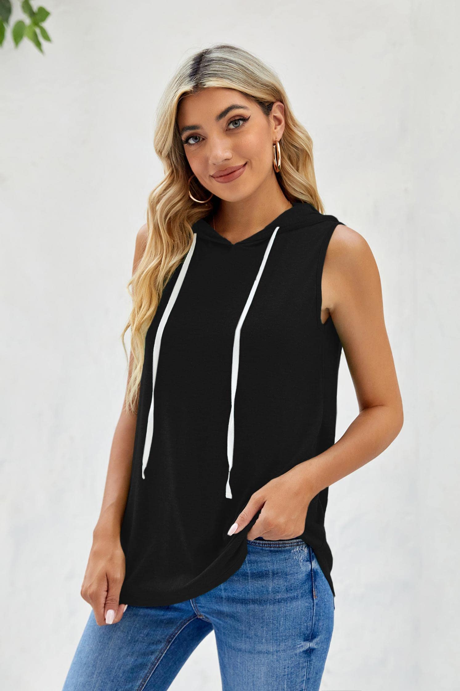 Mafulus Women Sleeveless Hooded Tank Tops Drawstring High Low Hem Solid Casual Workout Summer Cami Shirts Black