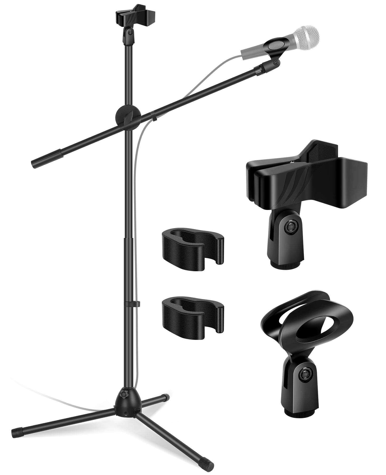 InnoGear Microphone Stand, Foldable Tripod Boom Stand Adjustable Height Heavy Duty Mic Boom Stand with Dual Mic Clip Holders and Metal Base for Singing, Speech, Stage, Outdoor Activities