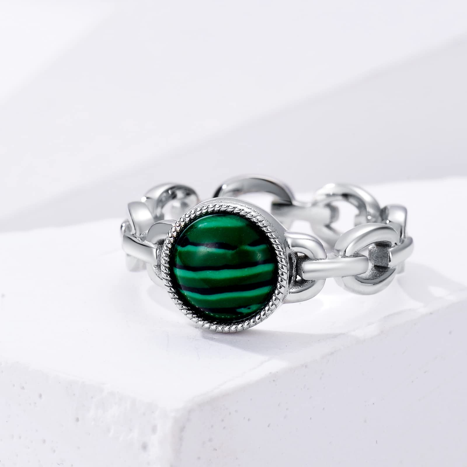 LONAGO Hollow Ring 925 Sterling Silver Round Shaped Created Malachite Rings Jewelry for Women (Size 8)