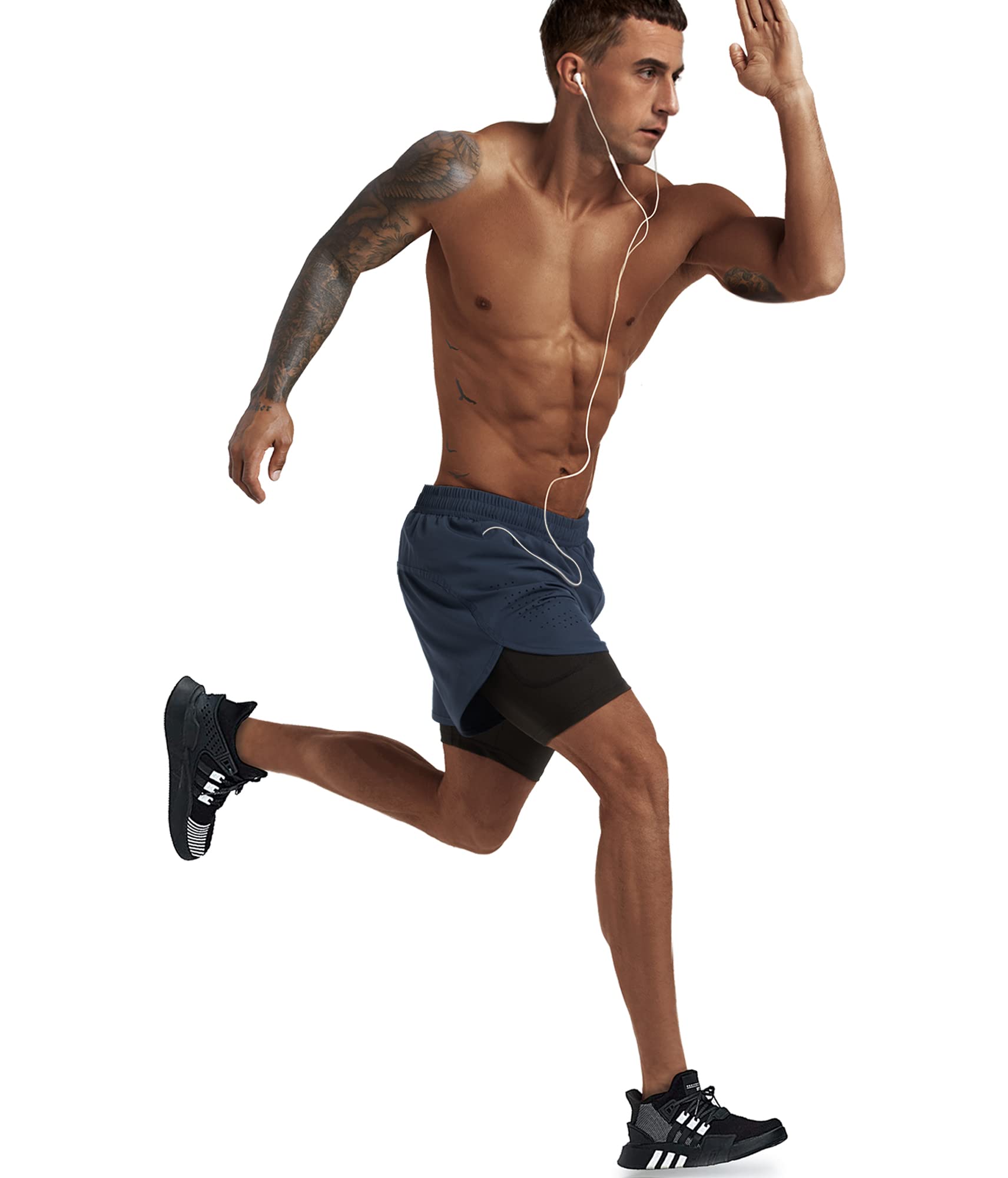 Lulucleaf Running Shorts for Men with Liner Mens 2 in 1 Workout Athletic Yoga Shorts (Dark Blue, L)