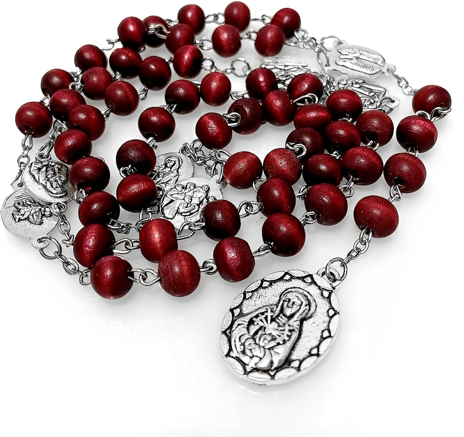lulucross Seven Sorrows of Mary Rosary Chaplet Rose Scented 7 * 8mm Wooden Beads Catholic Jewelry Necklace for Pray (Red)