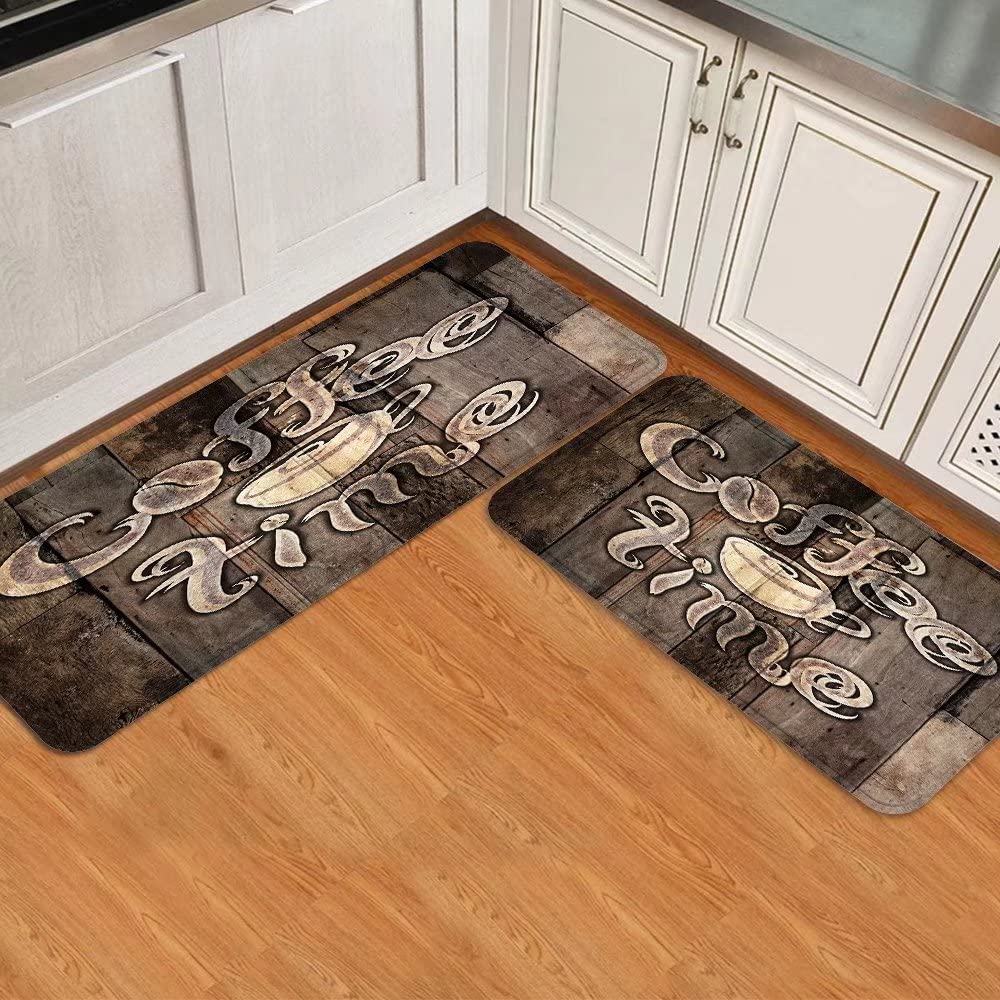 Kitchen Rugs Sets 2 Piece Floor Mats Grunge Lettering Modern Coffee Time and Coffee Cup Retro Wood Durable Doormat Farmhouse Area Rugs Washable Runner Carpet Set Non Slip Vintage Kitchen Rug and Mats