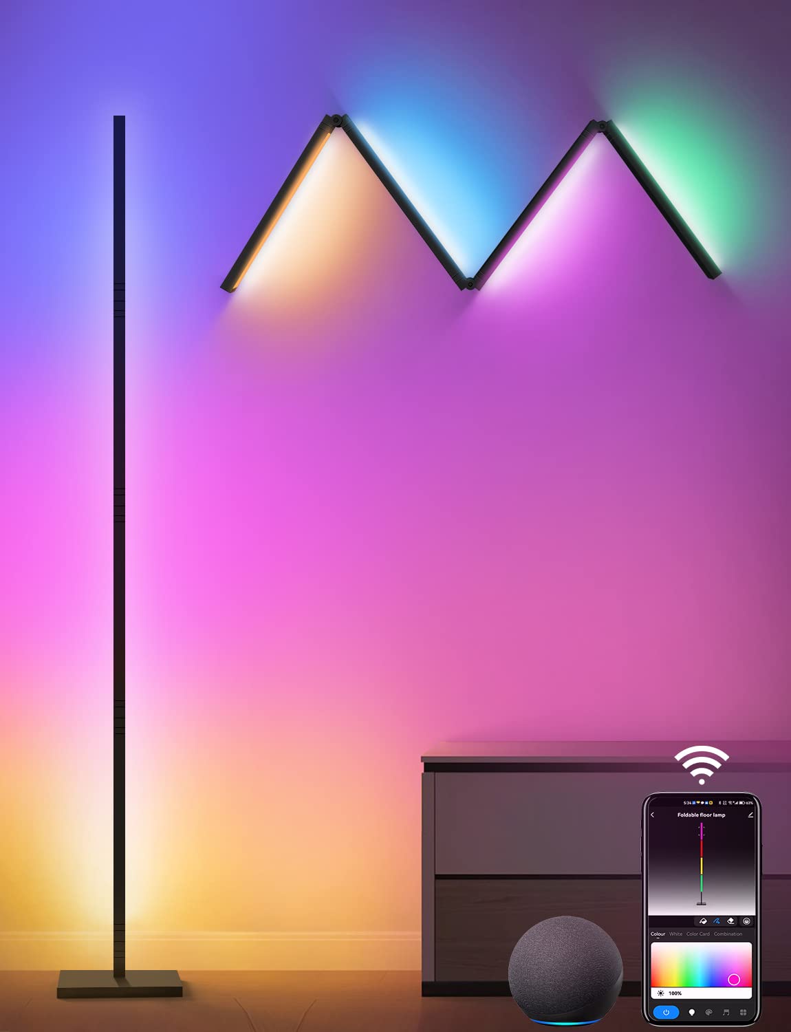 Lamomo RGB+IC Floor Lamp, Modern Foldable LED Corner Lamp Works with Alexa, 16 Million DIY Colors Standing Lamp for Living Room, Smart Ambiance Color Changing for Bedroom, Gaming Room, 68.7in 24W