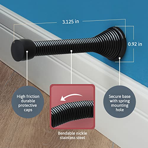 Jack N’ Drill (3 ⅛) Spring Door Stop (7 Pack) w/ 3X Hinge Pin Door Stops | Flexi Heavy Duty Black Door Stop for Home, Office - Rustproof, Bendable Spring Steel & Durable Rubber Tips