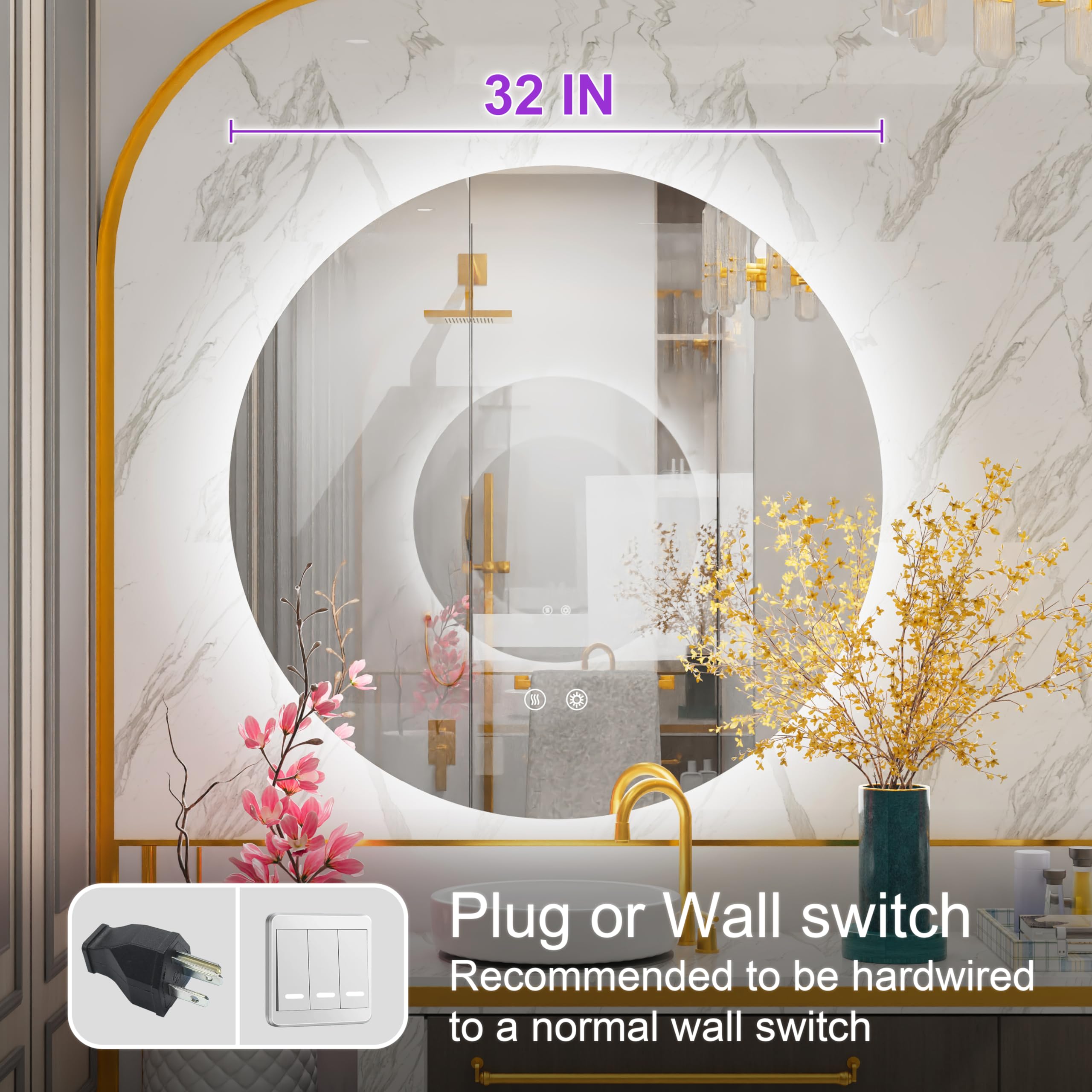 JSneijder 2-Piece LED Bathroom Mirror 32 Inch Backlit Round Mirror & 28x36 Inch Rectangular Mirror, Wall Mounted Dimmable Anti-Fog