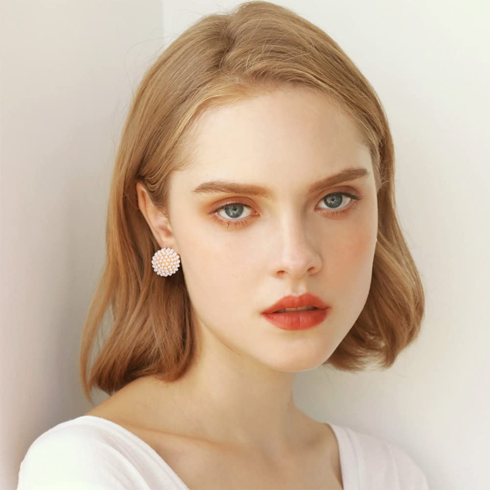 met-edianger Cluster Pearl Stud Earrings for Women Hypoallergenic Cluster Round Shell Bead Pierced Earrings