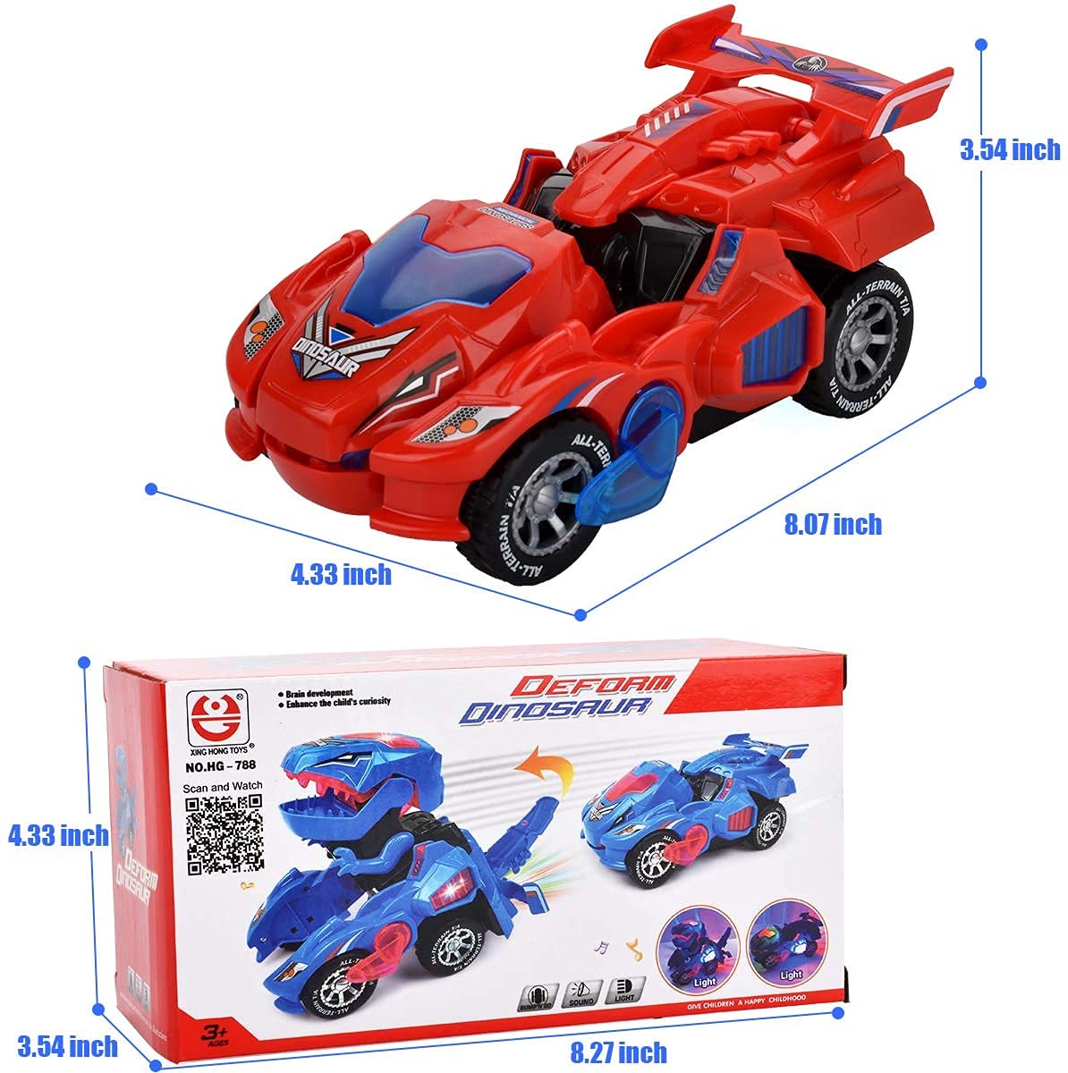INLAIER Transforming Dinosaur Toys, 2 in 1 Automatic Transforming Dinosaur Car with LED Light and Music Transform Dino Car for Kids Christmas Birthday Gifts (Red)