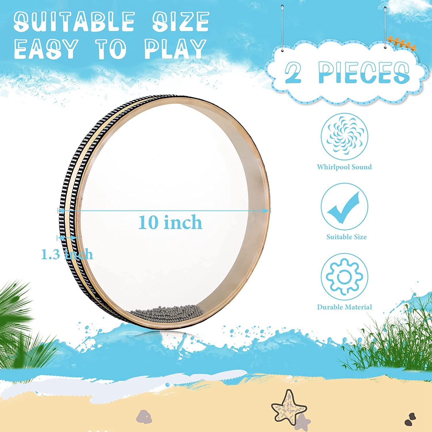 Oidnvay 2 Pieces Wave Bead Hand Drum 8 Inch Sea Wave Sound Drum Wave Drum Ocean Sound Drum Musical Instrument Percussion