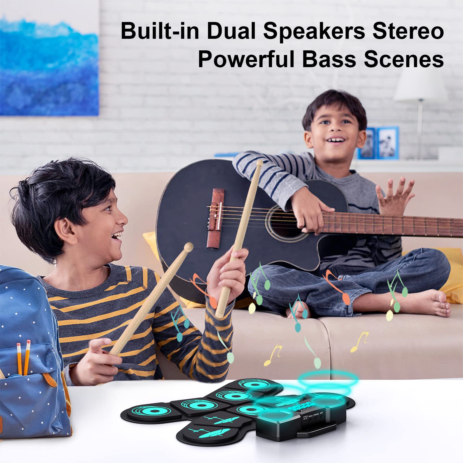 Ludysic Electronic Drum Pads, 9 Pads Roll-up Practice Drum Set Built-in Dual Speaker and Headphone Jack,Drum Sticks and Drum Pedals,Ideal Birthday Holiday Drum Sets Gift