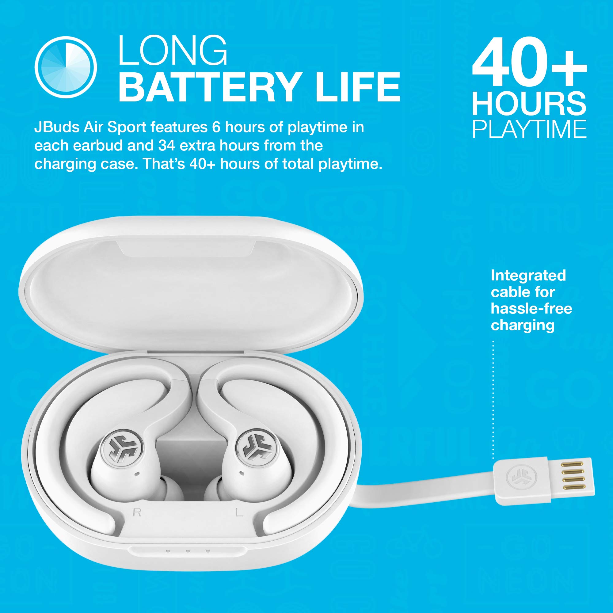 JLab JBuds Air Sport True Wireless Bluetooth Earbuds + Charging Case, White, IP66 Sweat Resistance, Class 1 Bluetooth 5.0 Connection, 3 EQ Sound Settings Signature, Balanced, Bass Boost