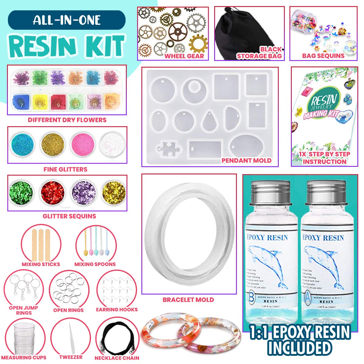 Innorock Epoxy Resin Jewelry Making Kit - Epoxy Resin Kit for Beginners with Resin molds Silicone Kit Bundle - Crystal Clear Resin Casting Art Kits for Earrings Bracelets Keychain Pendant Necklace