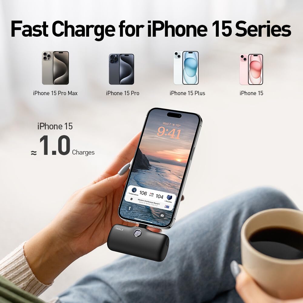 iWALK Portable Charger 4800mAh 20W USB C Power Bank Small Fast Charging Docking Battery Pack with LED Display Compatible with iPhone 15,15 Plus,15 Pro,15 Pro Max,Black