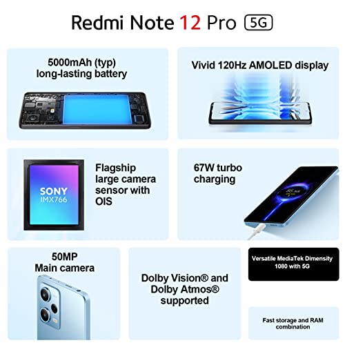 Xiaomi Redmi Note 12 Pro 5G + 4G (128GB + 6GB) Factory Unlocked 6.67" 50MP Triple Camera (Only Tmobile/Metro/Mint USA Market) + Extra (w/Fast Car Charger Bundle) (Midnight Gray)