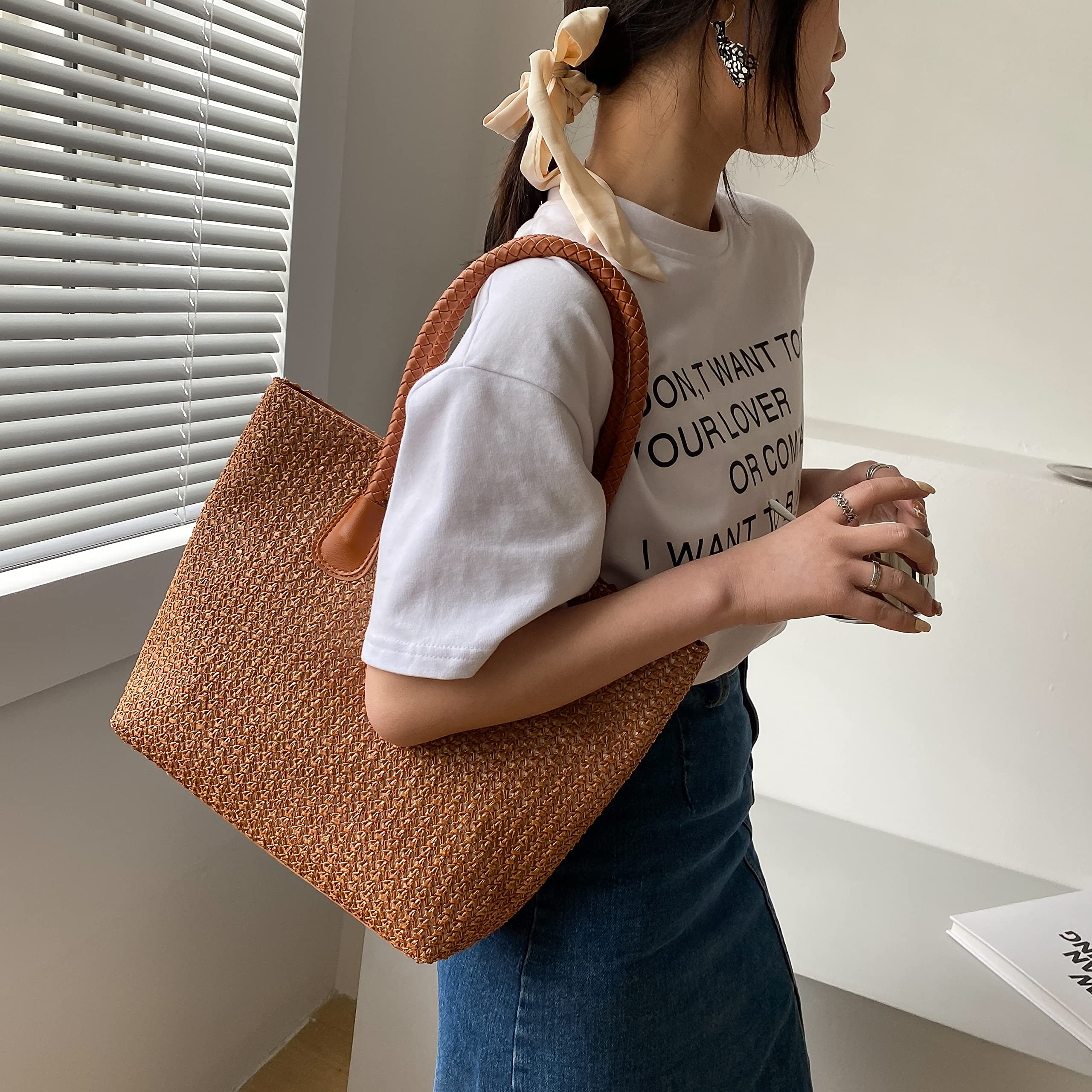 OWGSEE Straw Beach Bag, Summer Vacation Straw Woven Tote Bag Beach Purse Weaving Shoulder Handbags (Beige)