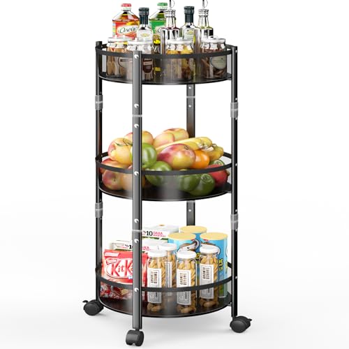 Innotic 3-Tier Rolling Utility Cart, No Assemble, Collapsible Metal Storage Organizer Cart with Lockable Wheels, Multifunctional Trolley for Kitchen, Office, Garden(Black)