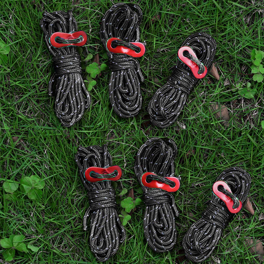 KRATARC Outdoor Camping Tent Stake Pegs with Guyline Guy Rope Adjuster Tensioner Backpacking Hiking (Black- 8PCS)