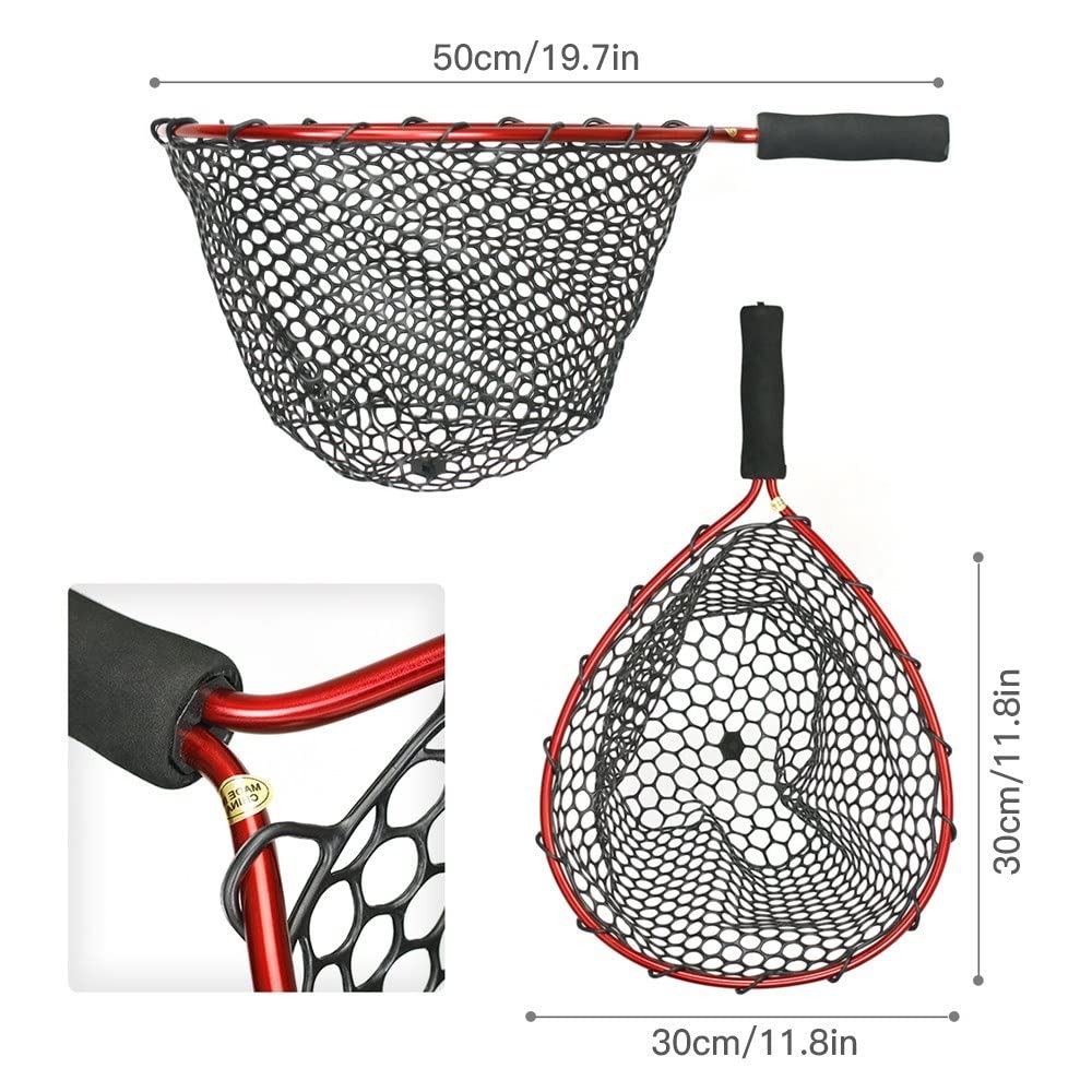 MengK Fishing Net Soft Silicone Fish Landing Net Aluminium Alloy Pole EVA Handle with Elastic Strap and Carabiner Fishing Nets Tools Accessories for Catching Fishes