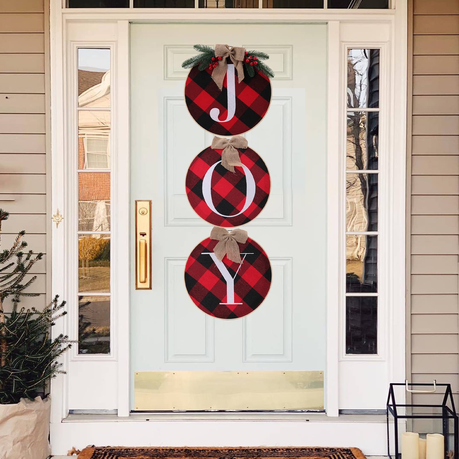 Jucoan Joy Sign Christmas Wreath Decoration for Front Door, Rustic Buffalo Check Plain Wood Hanging Wreath for Home, Wall, Fireplace, Stairs, Xmas Holiday Decor