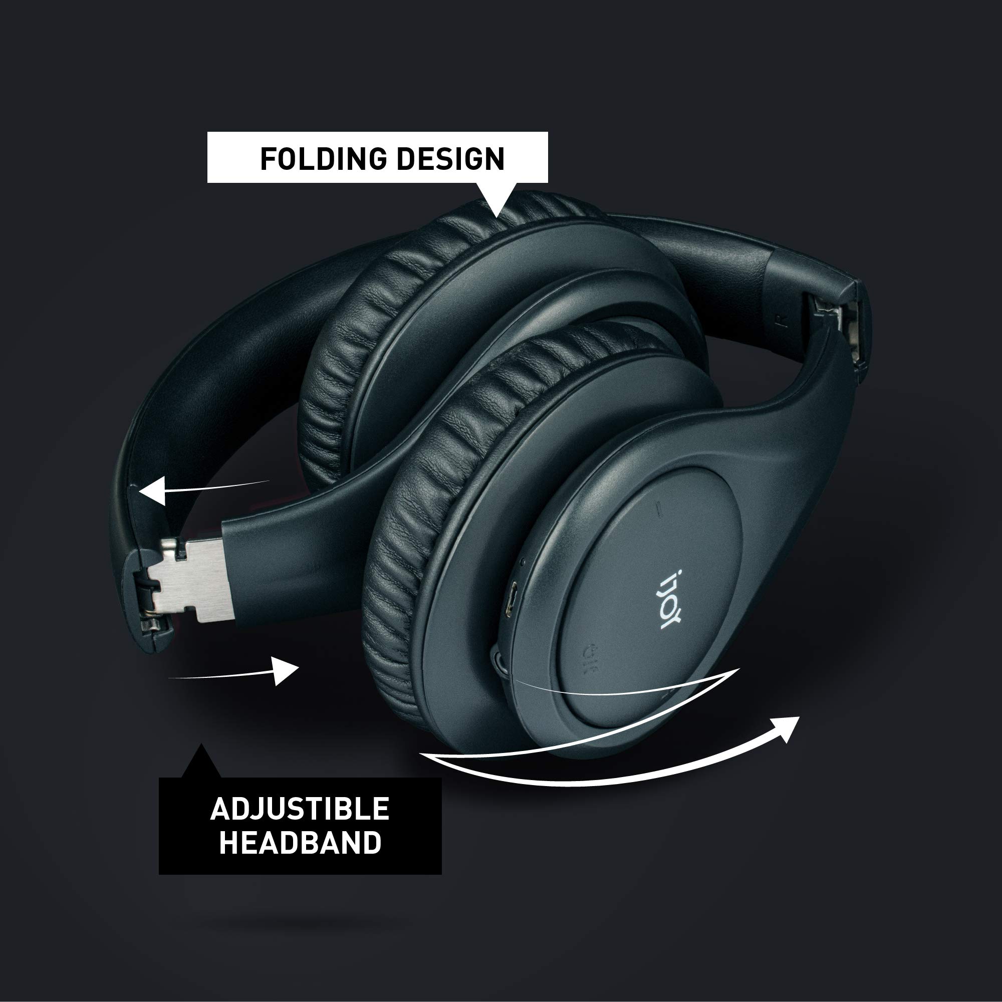 iJoy ISO Bluetooth 5.0 Wireless Over Ear Foldable Stereo Headphones with 30 Hours Battery and Built-in Microphone, (Matte Black)
