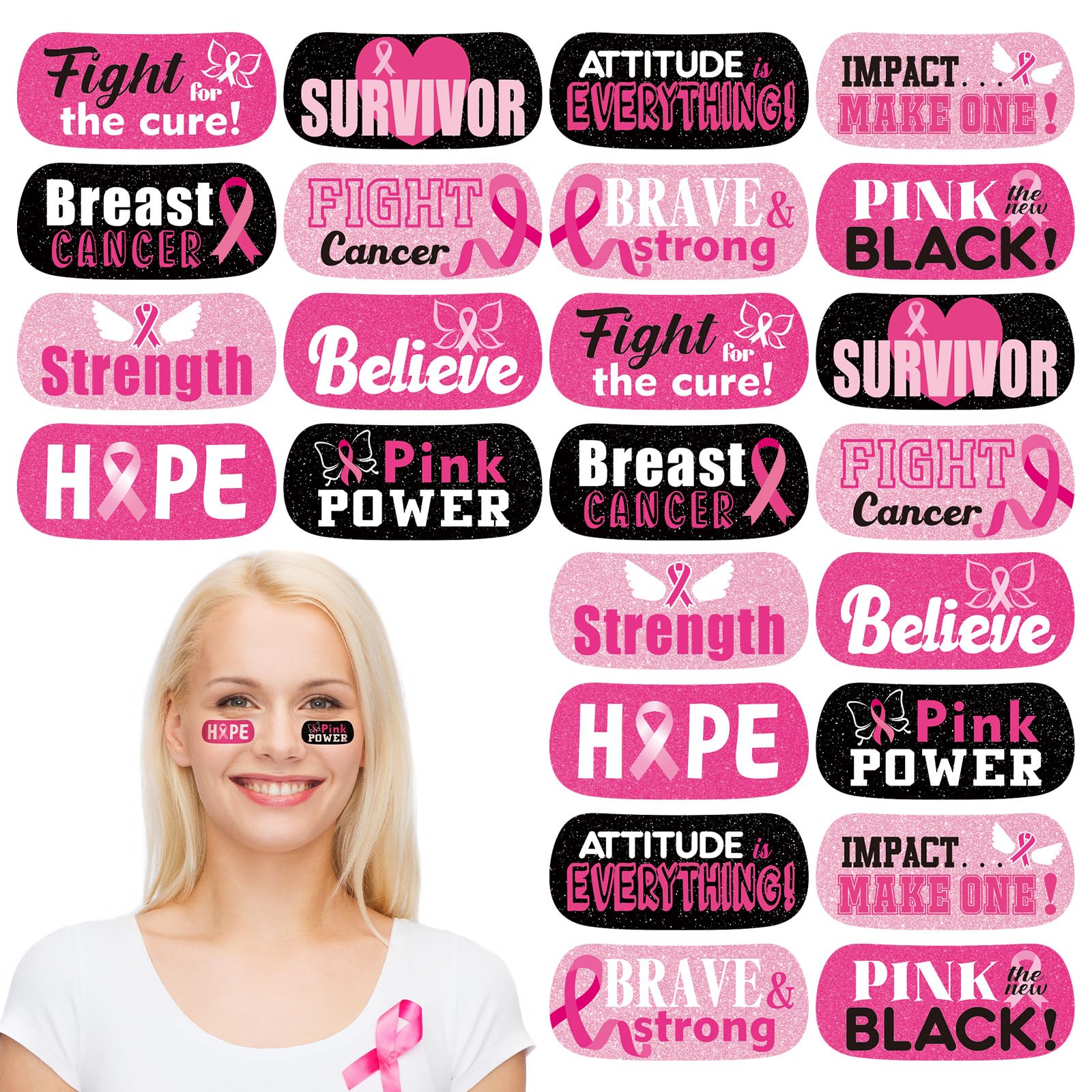 Landhoow 240 Pcs Breast Cancer Awareness Face Tattoos Bulk Pink Ribbon Temporary Tattoo Glitter Eye Body Tattoo Stickers and Decals for Breast Cancer Awareness Party Supply