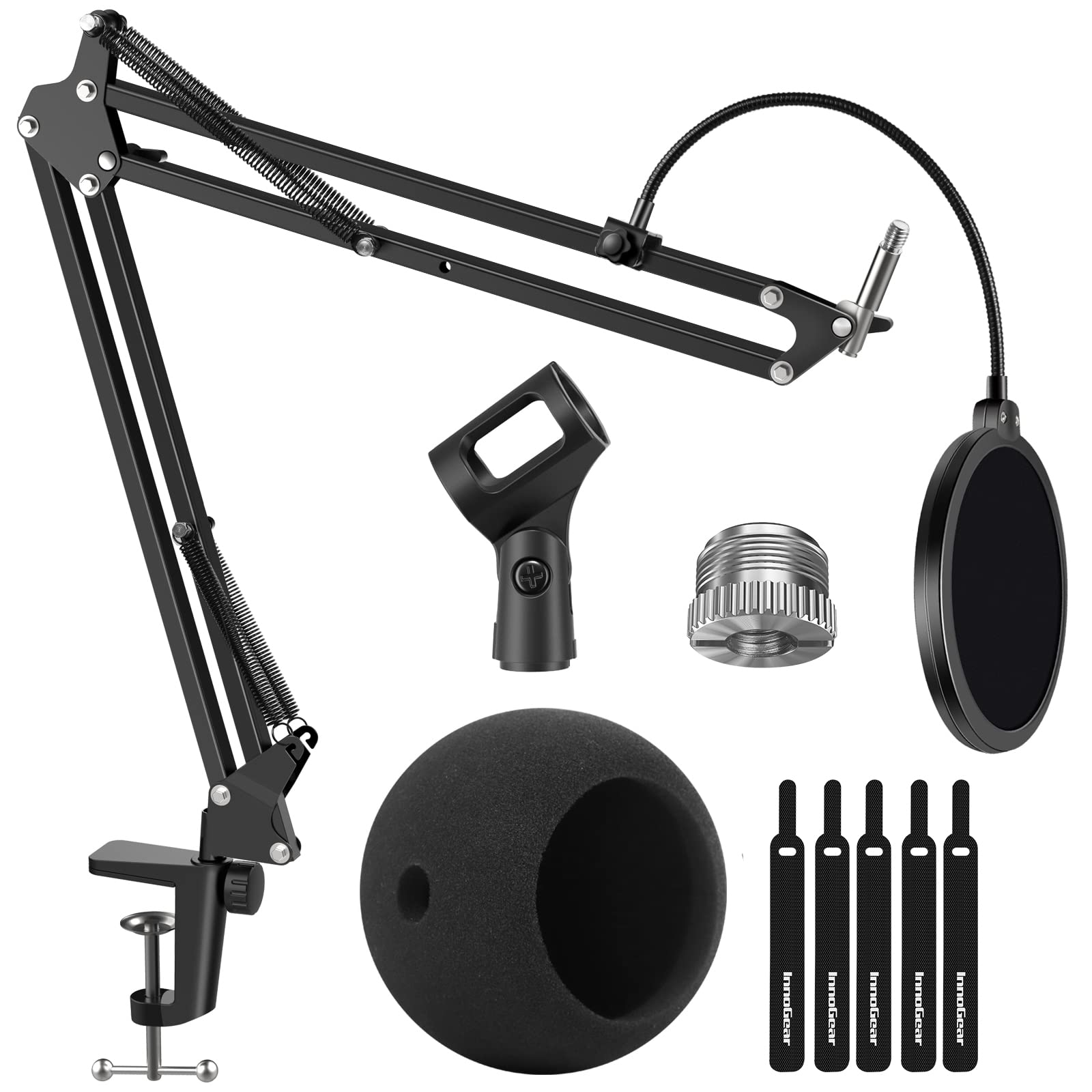 InnoGear Adjustable Mic Stand for Blue Snowball and Blue Snowball iCE Suspension Boom Scissor Arm Stand with Microphone Windscreen and Dual Layered Mic Pop Filter, Max Load 1.5 KG, Medium