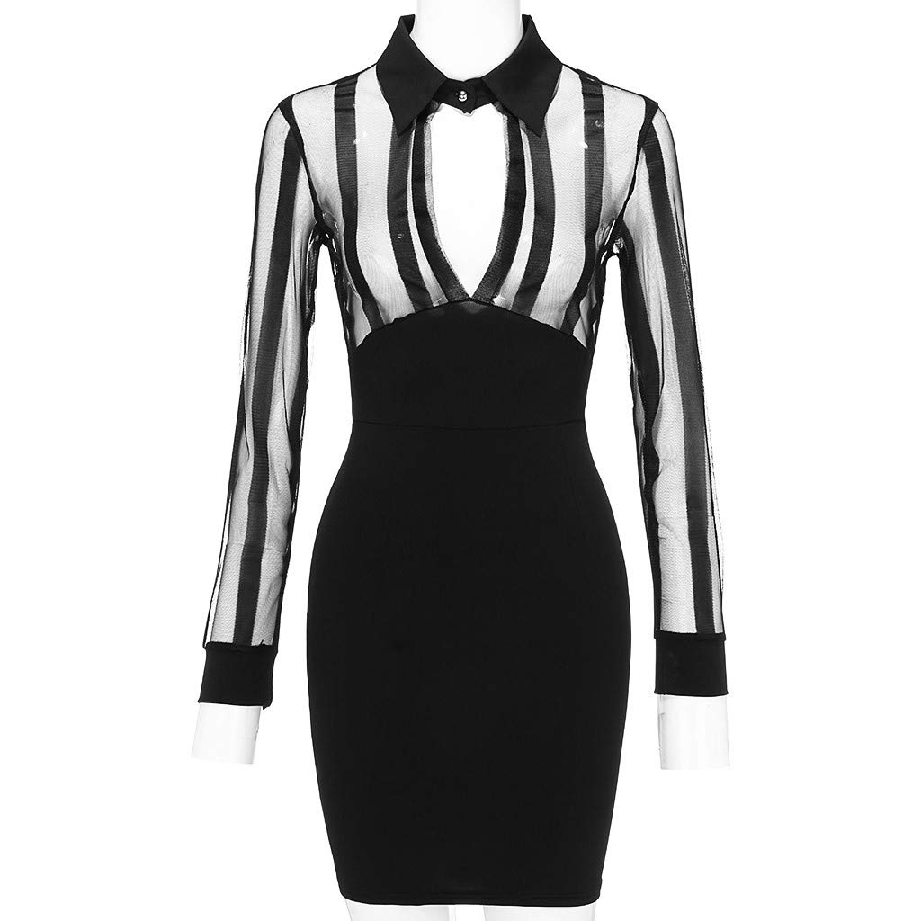 Keepfit Cutout Neck Dress for Women Striped Mesh Long Sleeve Wrap Dress Patchwork Bodycon Mini Dress Black