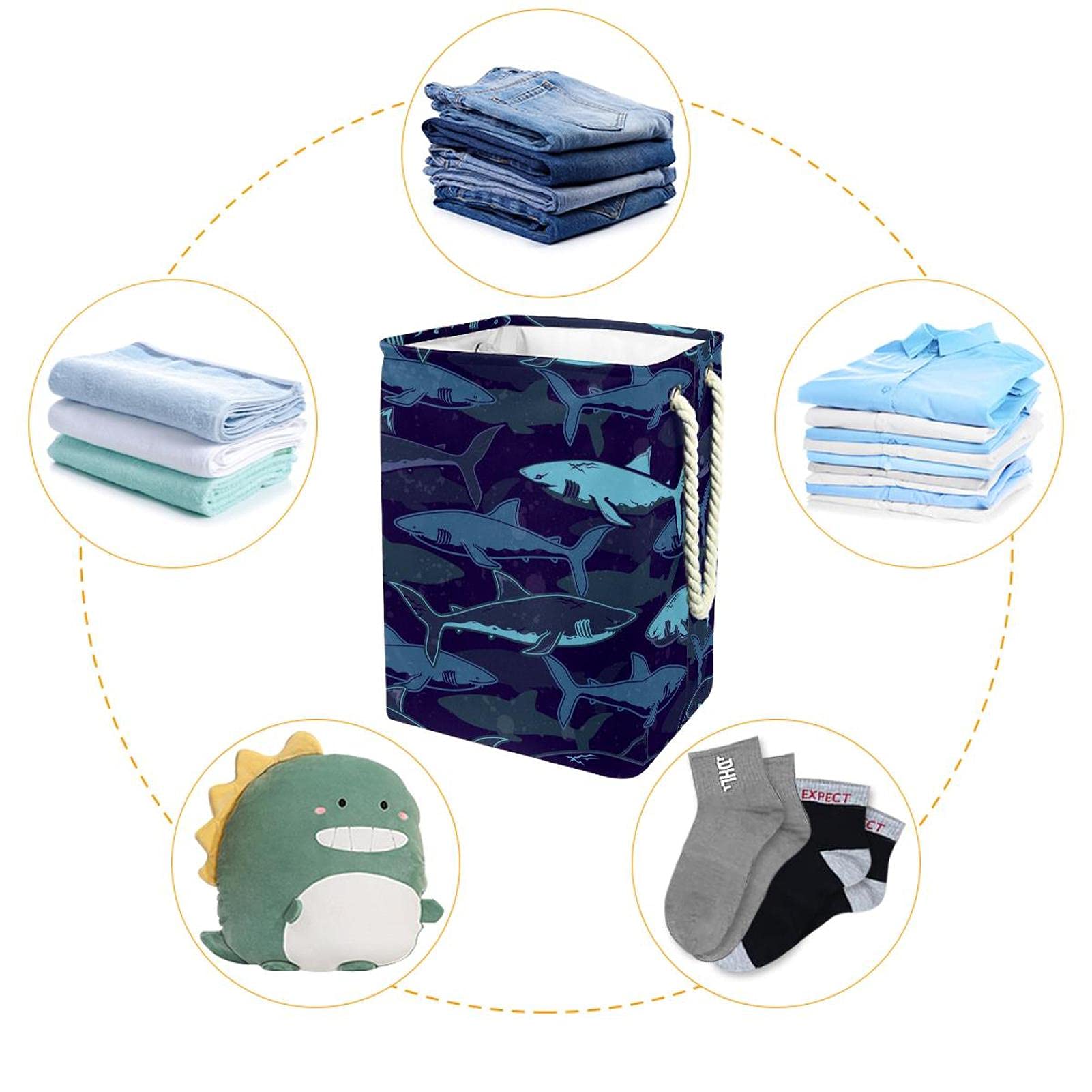 Laundry Basket With Handles Waterproof Collapsible Laundry Hamper For Storage Bins Kids Room Home Organizer Navy Blue Sharks Ocean Sea, 19.3x11.8x15.9 In