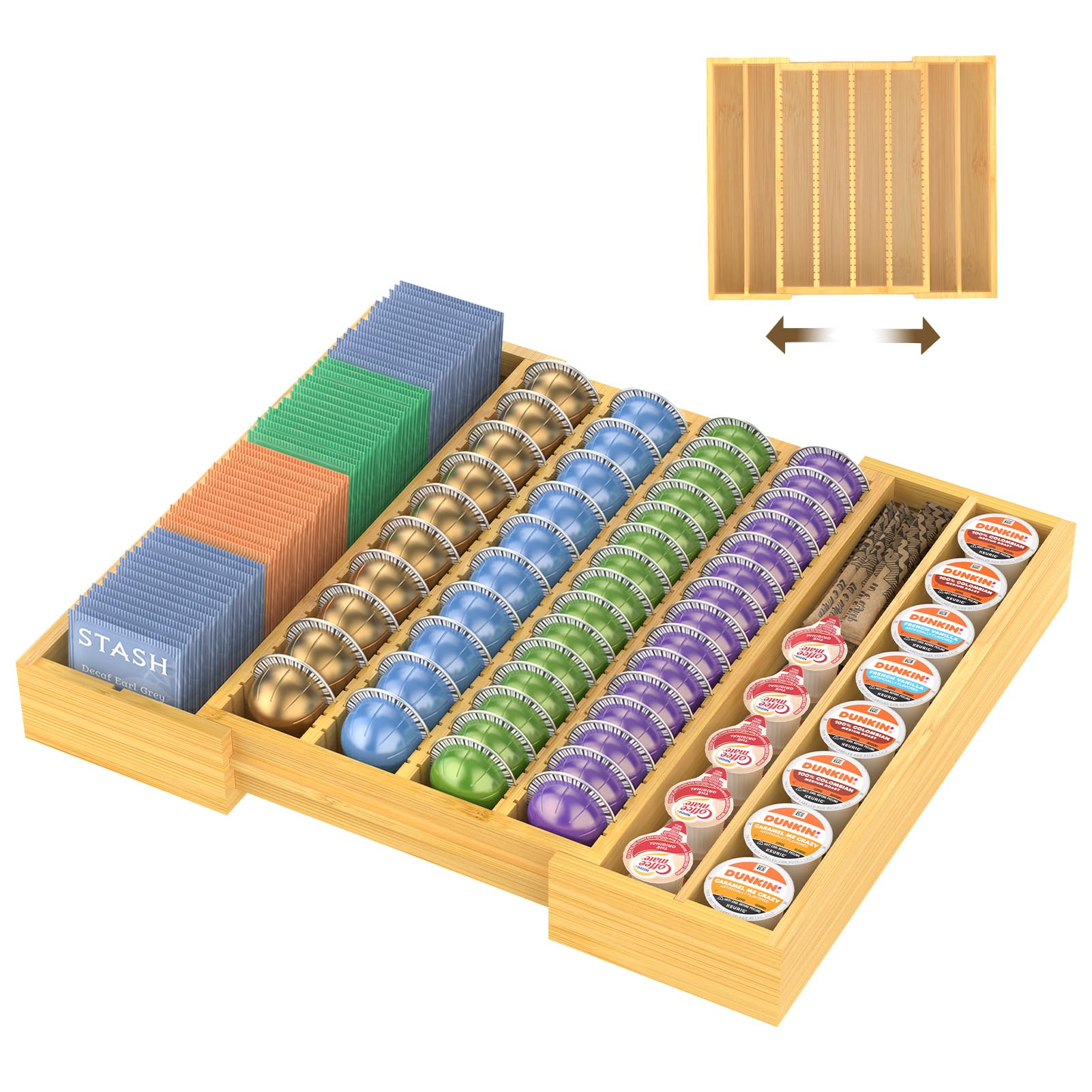 KMOTASUO Bamboo Coffee Pod Storage Holder Drawer Insert, Expandable Coffee Pods Organizer for Counter, Compatible with Vertuo Vertuoline Capsules for Kitchen Coffee Station (Expandable)
