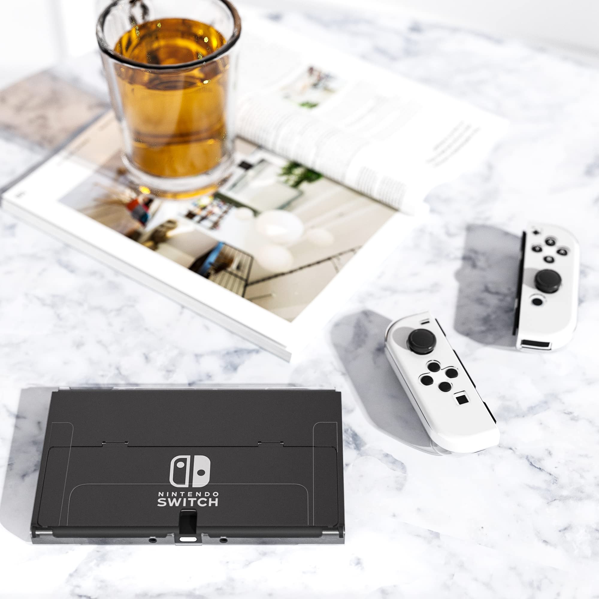 LASTYAL Flip Protective Clear Case Compatible with Nintendo Switch OLED, Hard PC Console Flip Shell and Grid Pattern Comfortable Grip Cover for Joycon Controller