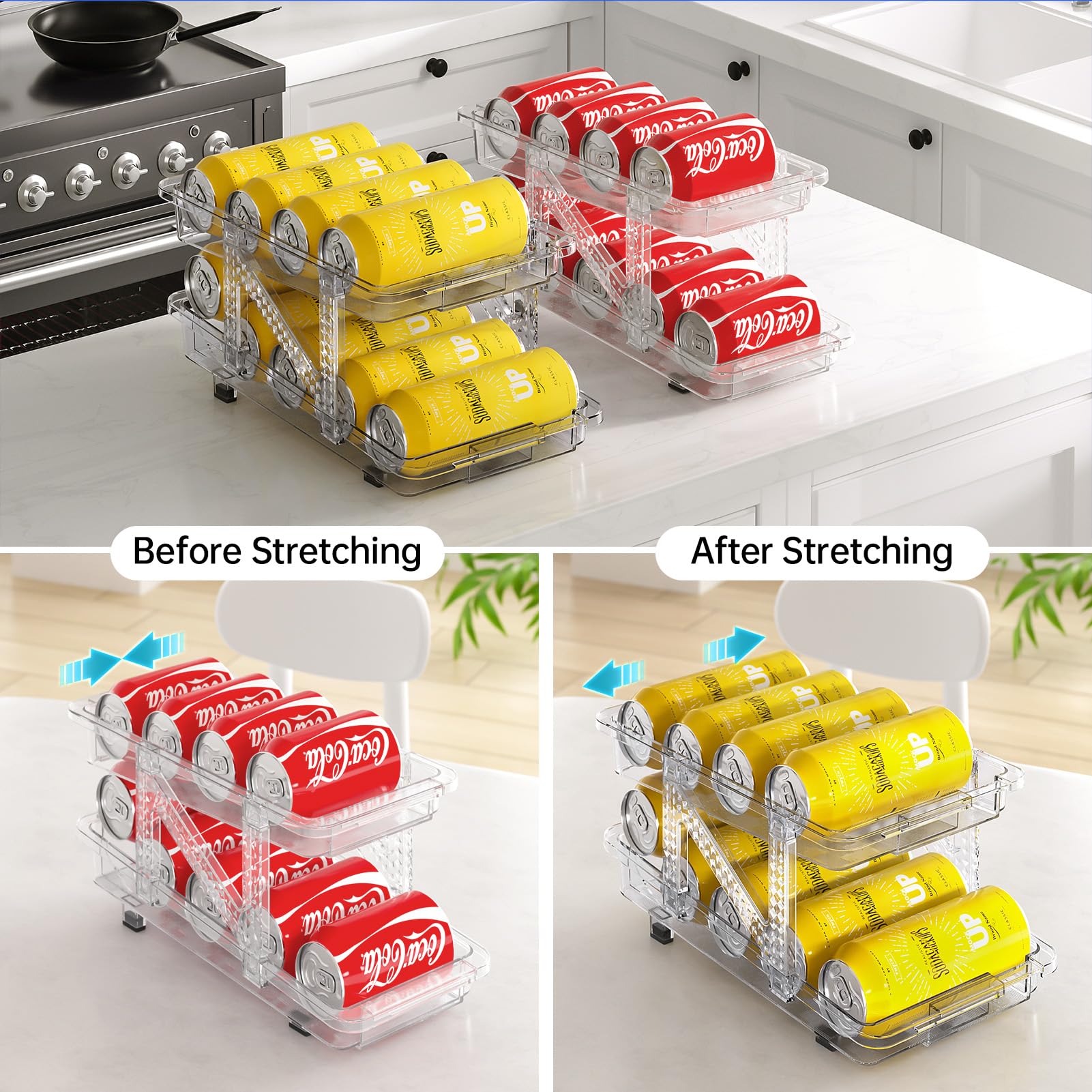 LAMU Soda Can Dispenser for Refrigerator, Set of 2 Adjustable Width Soda Can Organizer 2-Layer Beverage Pop Can Holder Drink Organizer for Fridge, Pantry, Cabinet, Countertop, Clear