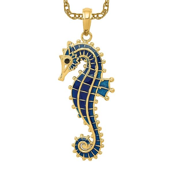 IceCarats 14K Yellow Gold Blue Seahorse Necklace Charm Pendant 36mm x 12mm Only